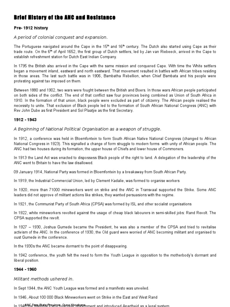 History of the ANC Formation and Struggle | PDF | African National ...