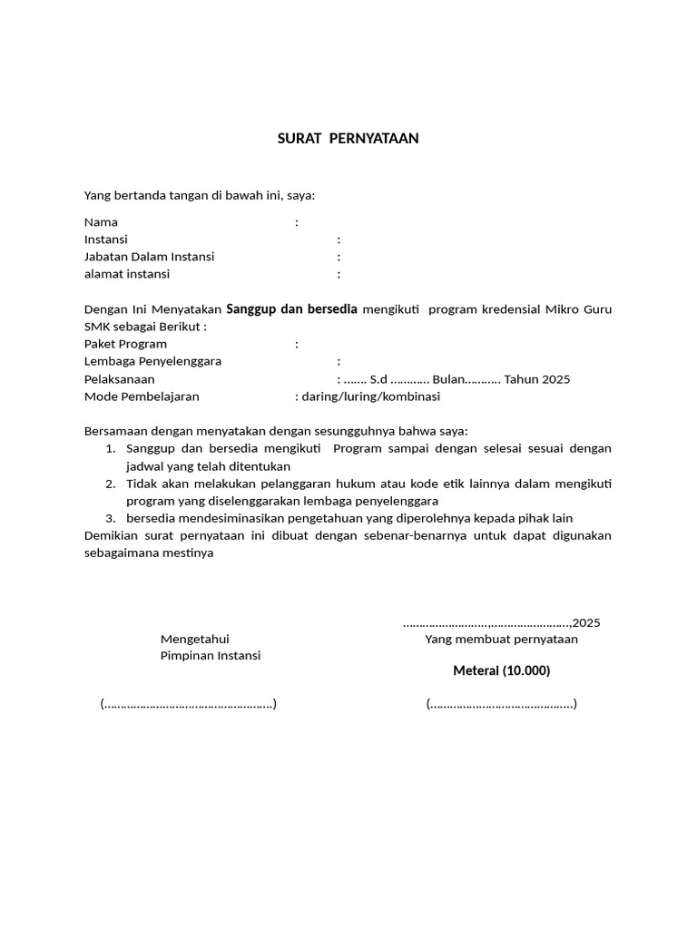 Surat Pernyataan Sanggup Program Guru SMK | PDF