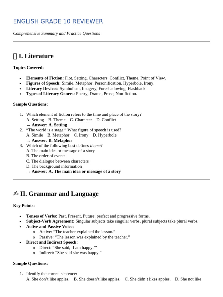 Grade 10 English Review Guide | PDF | Linguistics | Human Communication