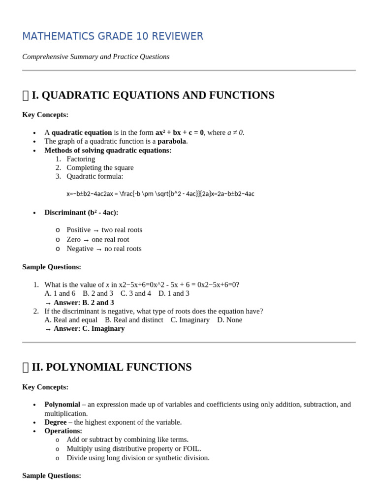 Mathematics Grade 10 Reviewer | PDF | Quadratic Equation | Abstract Algebra