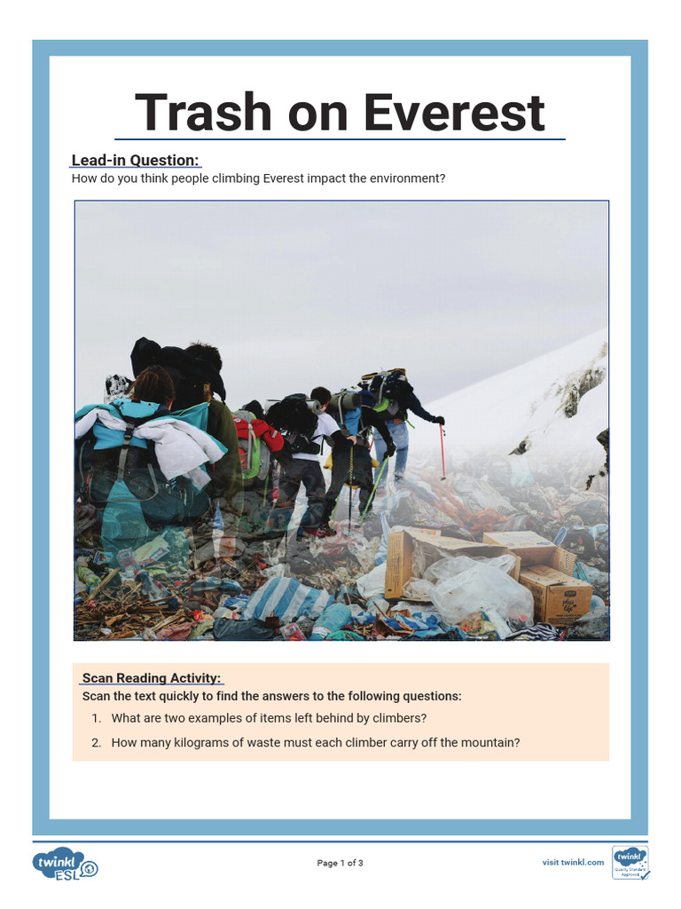 Trash On Everest - Reading Comprehension | PDF | Mount Everest ...