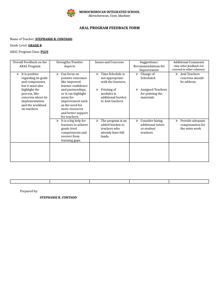 ARAL Program Feedback Form | PDF