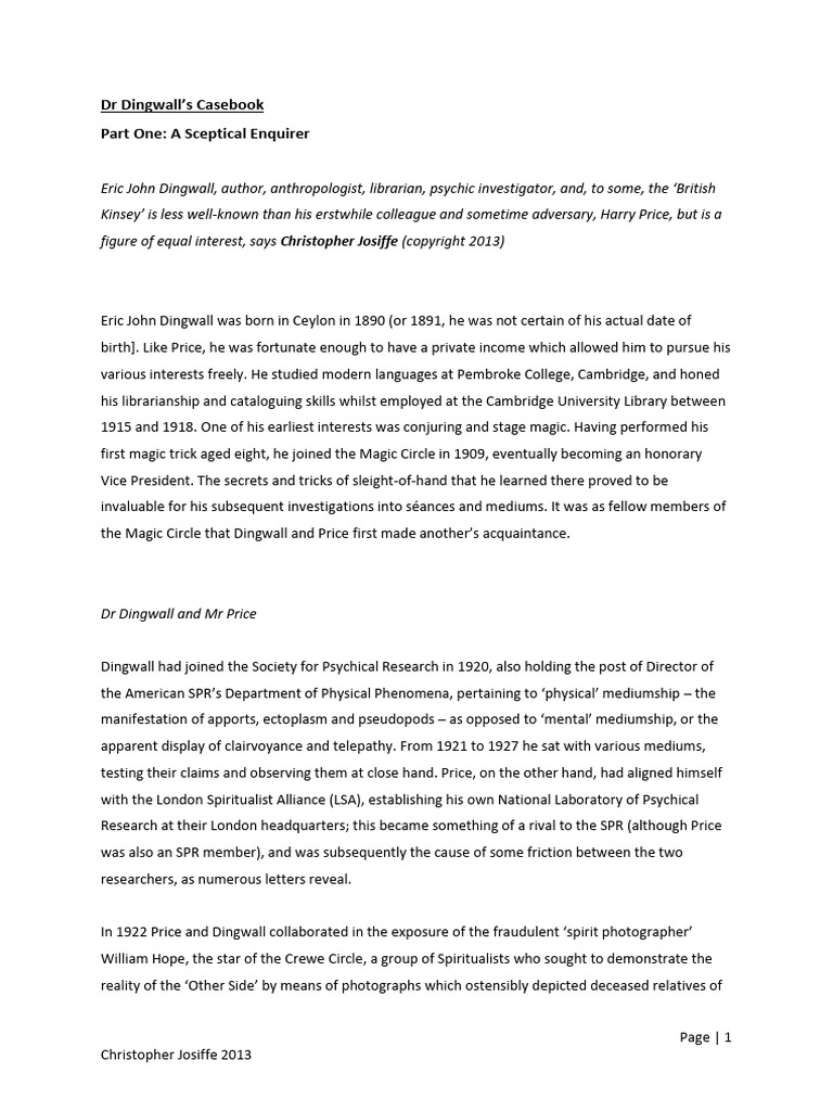 DR Dingwall's Casebook. Part One: A Sceptical Enquirer | PDF ...