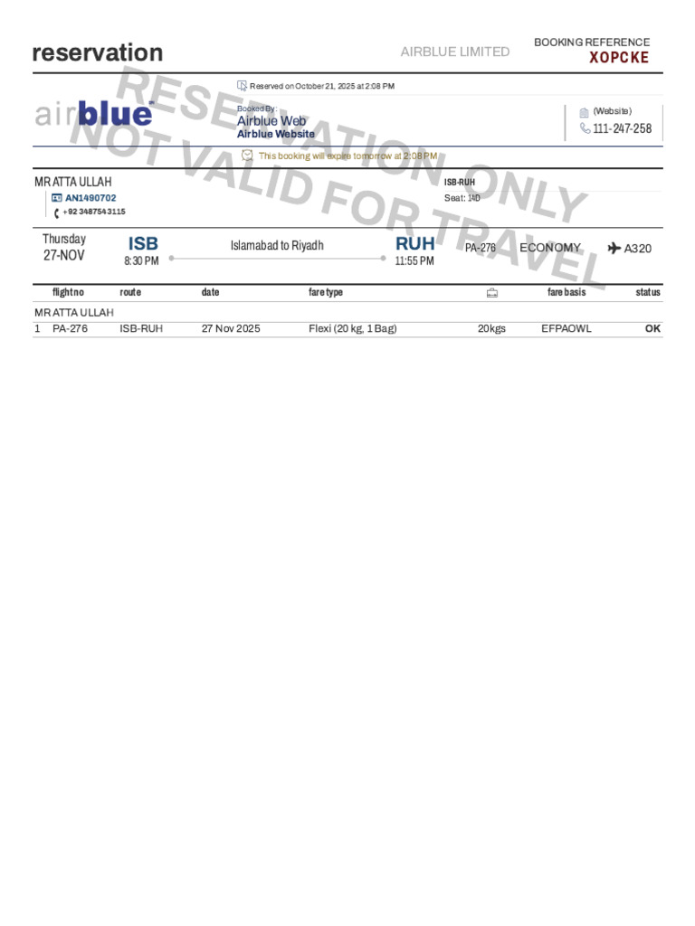 Airblue Flight Reservation Details | PDF | Airlines
