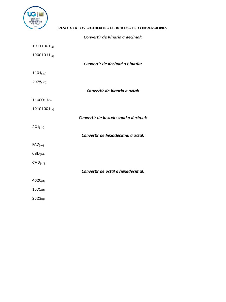 Ejercicios de Conversiones Numéricas | PDF