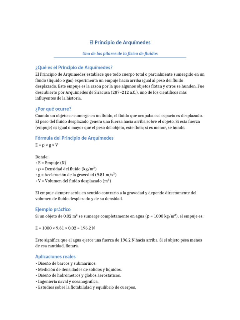 Principio de Arquímedes y Flotación | PDF | Flotabilidad | Mecanica clasica