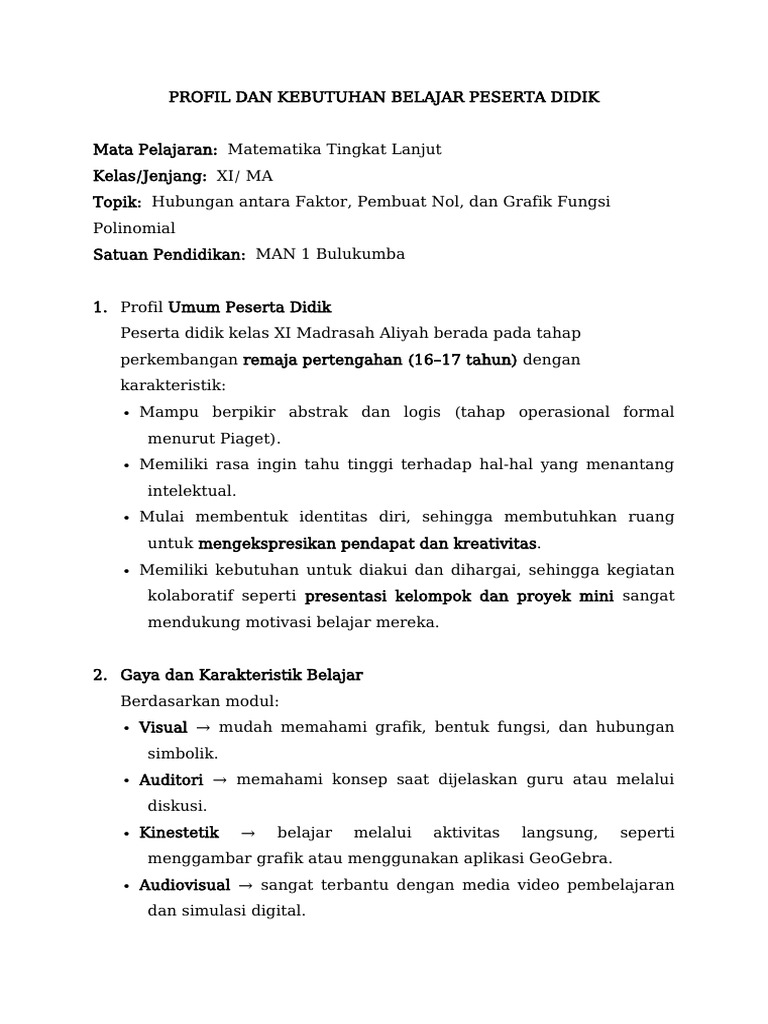 PROFIL DAN KEBUTUHAN BELAJAR (Hubungan Faktor, Pembuat Nol Dengan ...
