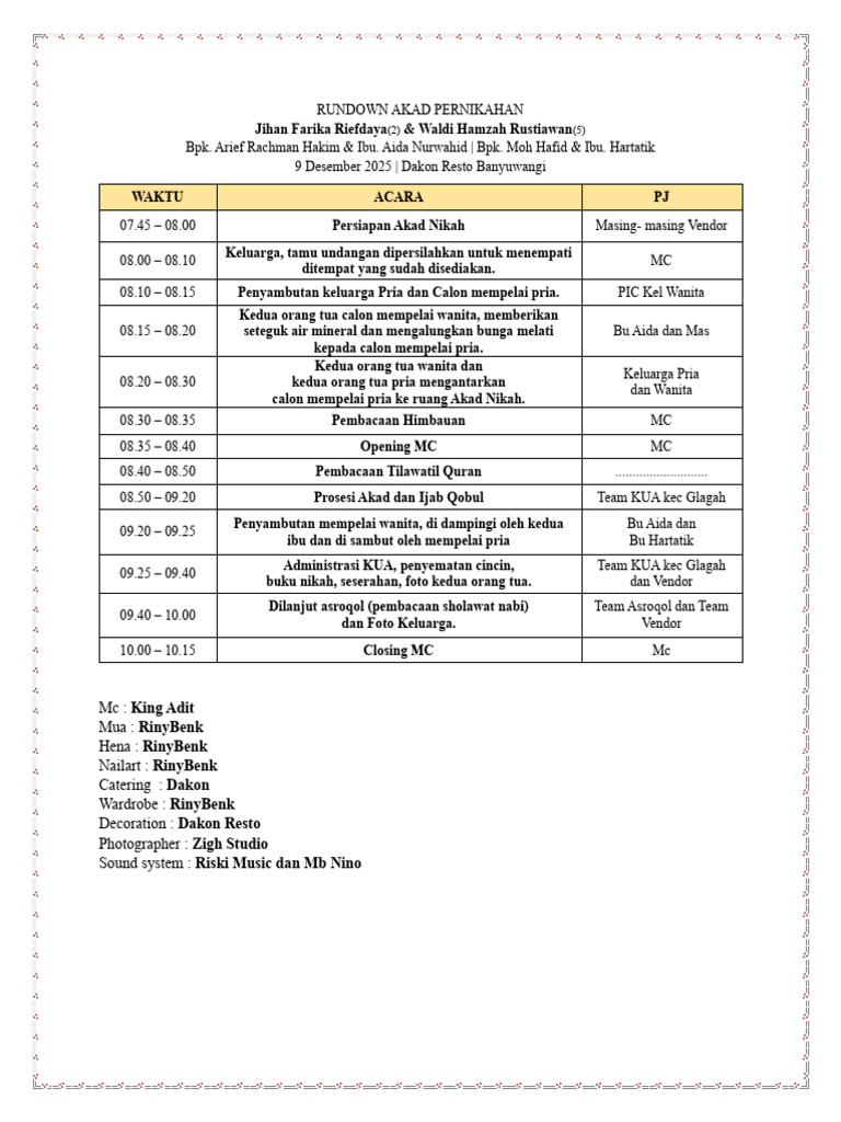 Rundown Akad Pernikahan Jihan Dan Waldi 9 Jan 25 | PDF