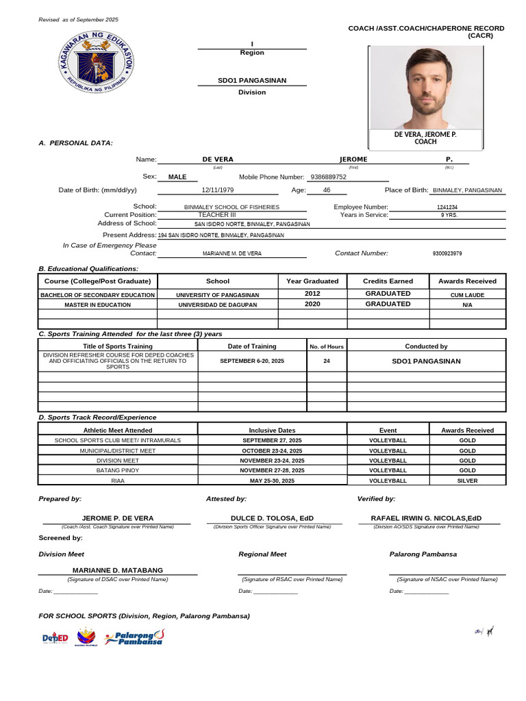 Jerome P. De Vera Sports Coaching Profile | PDF