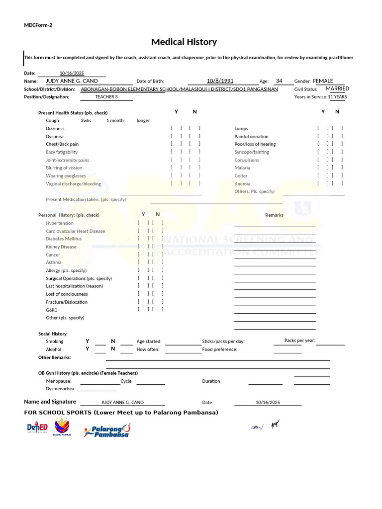Copy of Medical FORM 2 Medical History V2025 (1) | PDF | Diseases And ...