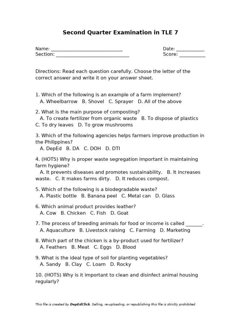 TLE 7 Second Quarter Exam Guide | PDF | Agriculture | Compost