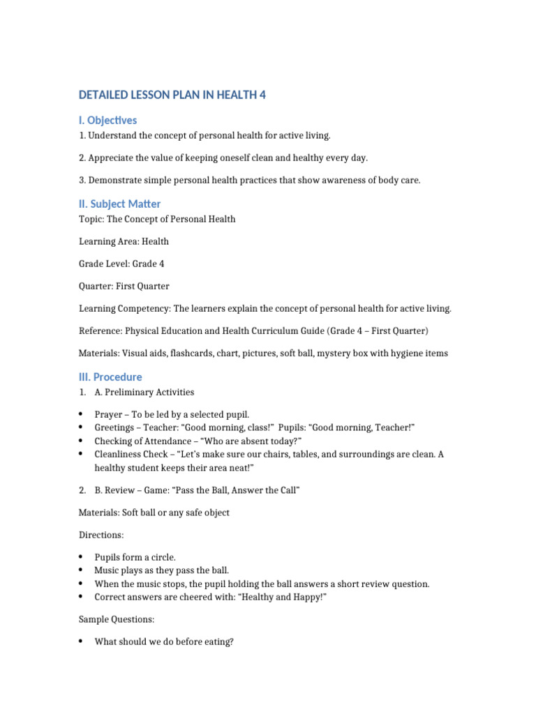 Grade 4 Personal Health Lesson Plan | PDF | Hygiene | Lesson Plan