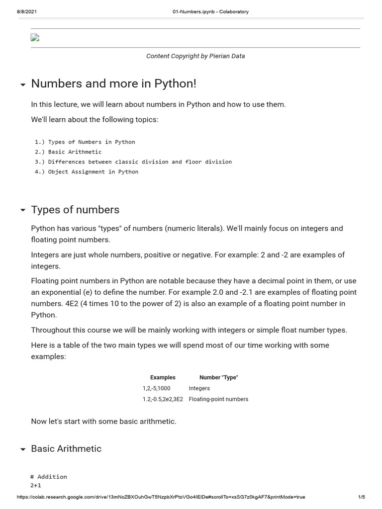 01-Numbers - Ipynb - Colaboratory - CYNDY ROMARIZKA | PDF | Numbers | Integer