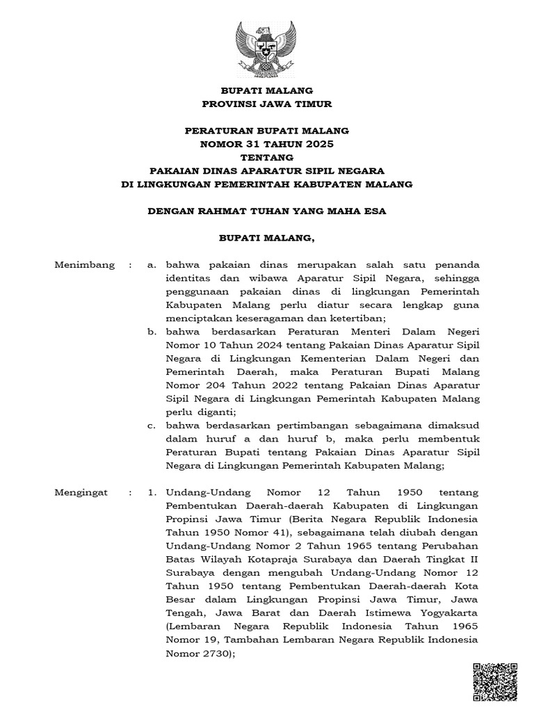 Perbup 31 Tahun 2025 TTG Pakai Dinas ASN Di Lingkungan Pemerintah Kab Malang | PDF