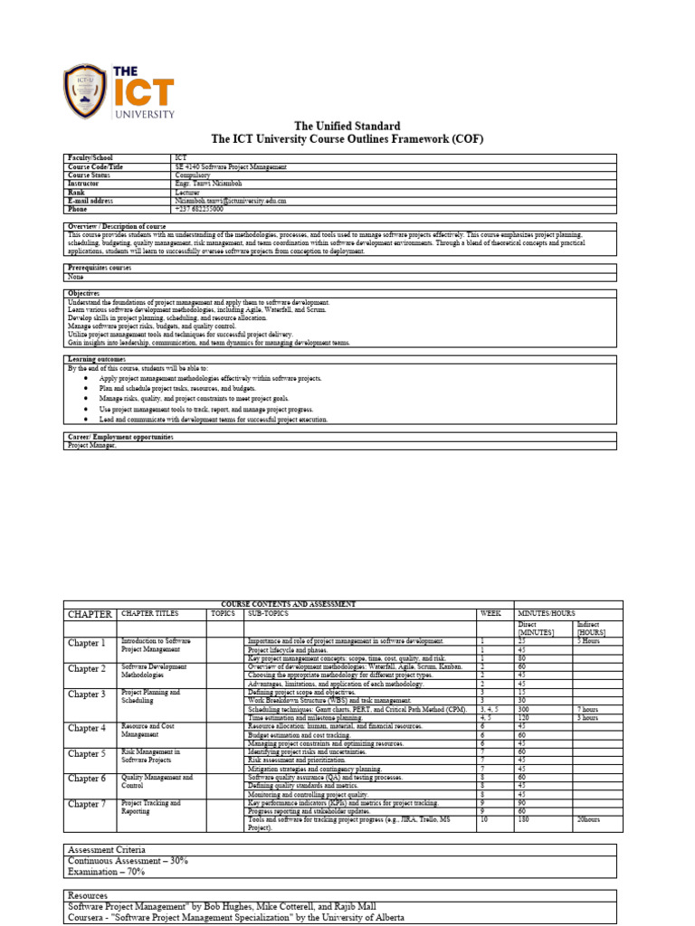 The Unified Standard Course Outline FALL 2024 Software Project Management | PDF | Project ...