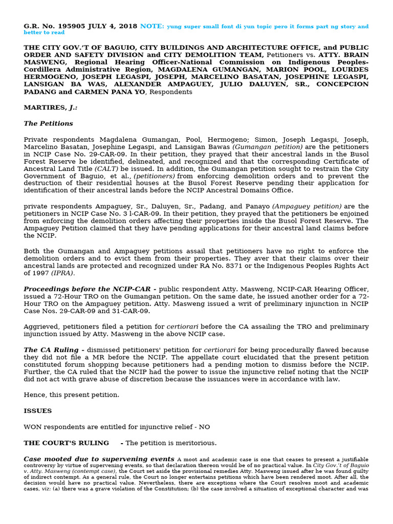 Baguio City Demolition Case Ruling | PDF | Injunction | Mootness