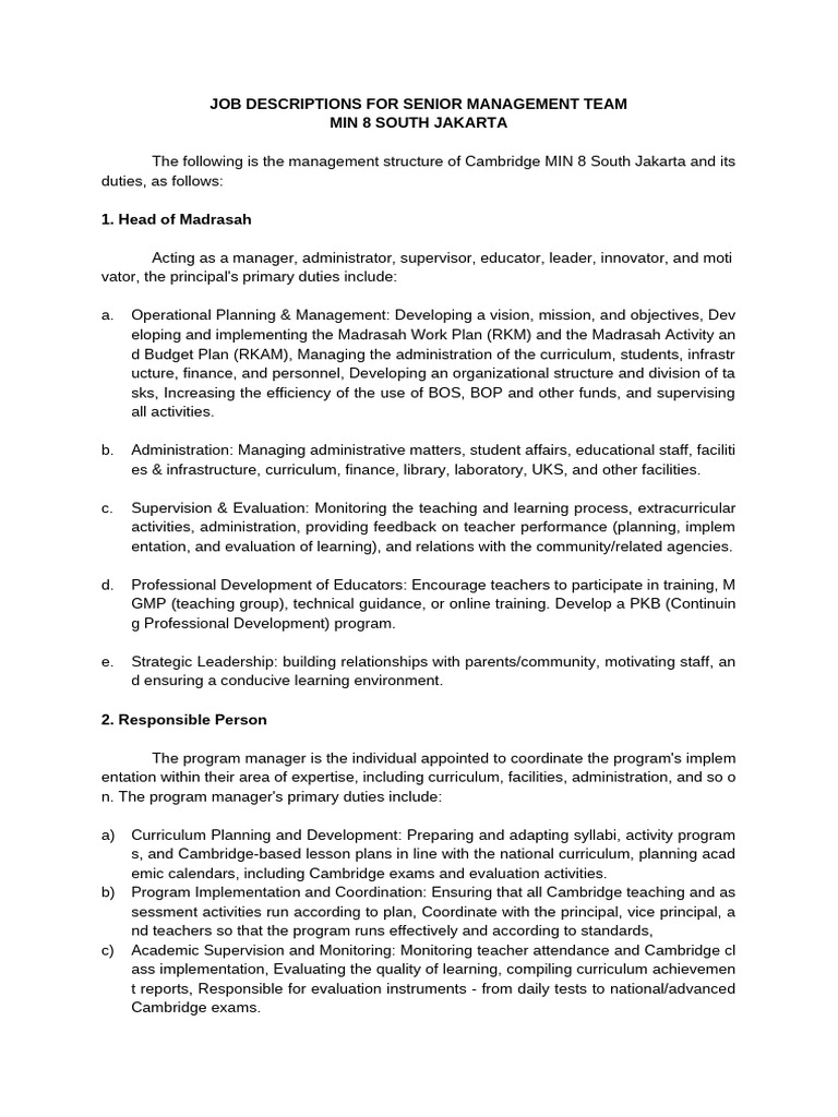 Senior Management Roles at MIN 8 South Jakarta | PDF | Teachers ...