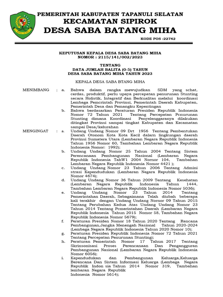 Data Balita Desa Saba Batang Miha 2023 | PDF