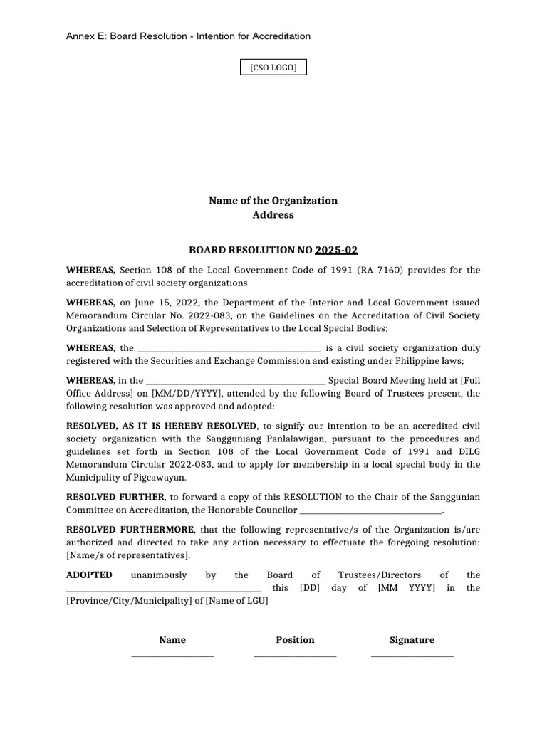 Board Resolution for CSO Accreditation | PDF | Governance | Government