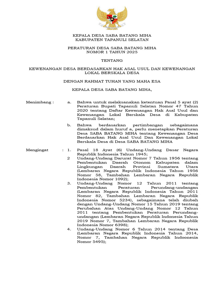 05 Perdes Kewenangan Desa Saba Batang Miha | PDF