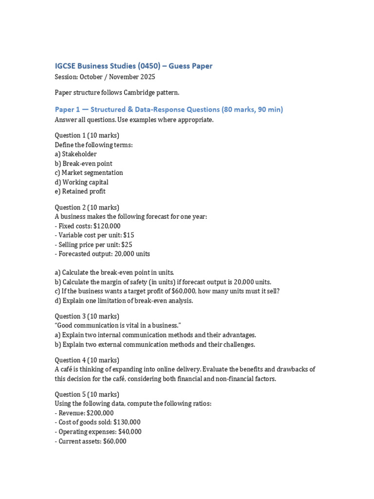 IGCSE Business Studies Exam Guide | PDF | Gross Margin | Business Economics