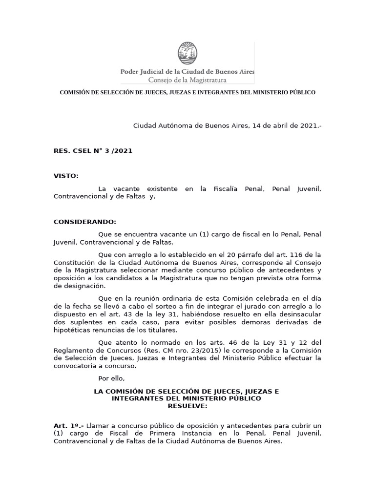 Res CSEL Nro 32021 Llamado A Concurso para Cubrir Un Cargo de Fiscal 1 ...