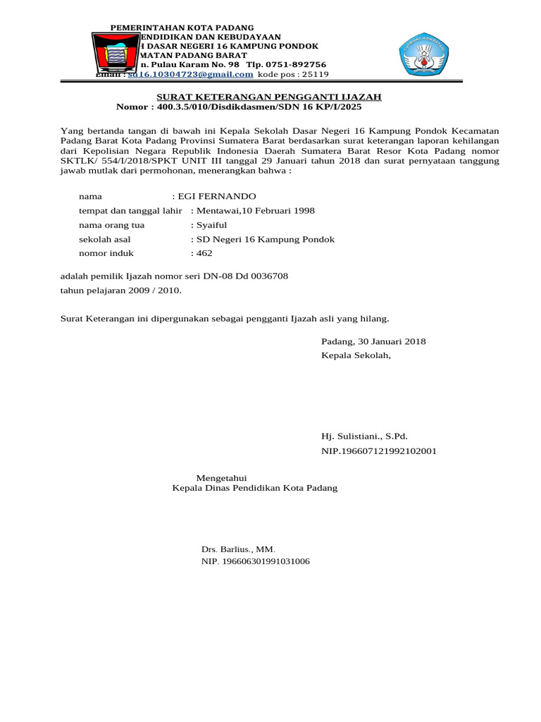 Surat Keterangan Ijazah & Skhu Hilang - Sandra Anggraini 1989 | PDF