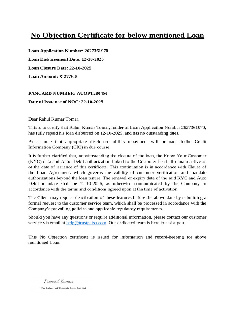 Non Objection Certificate | PDF