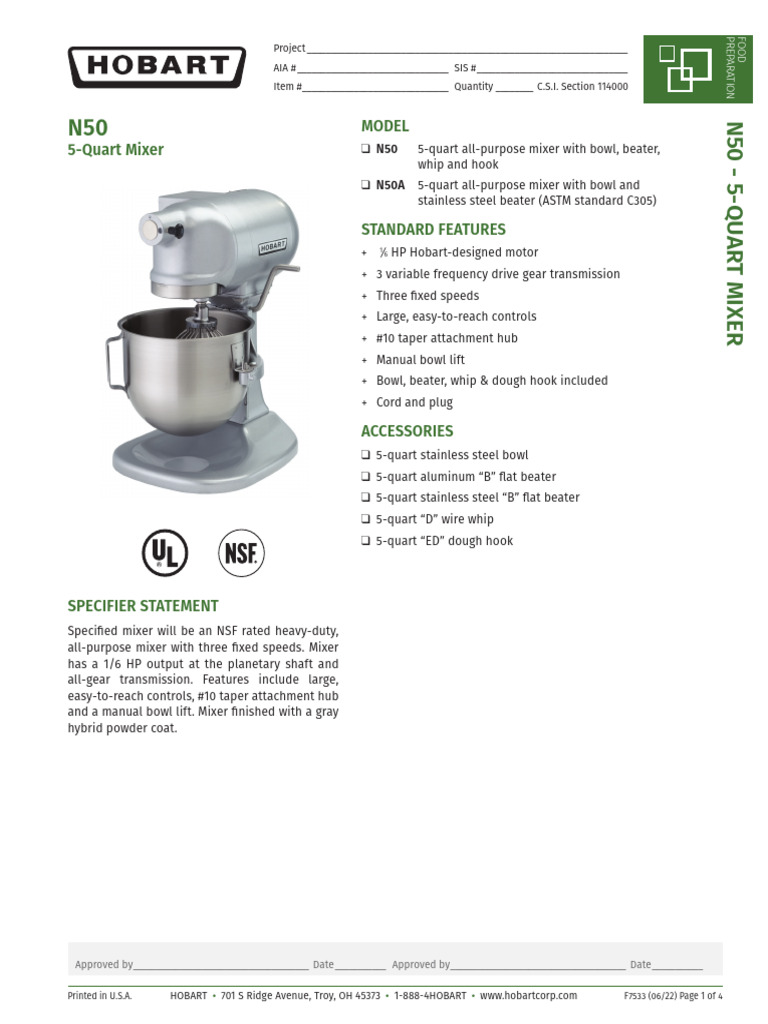 N50 Mixer Spec Sheet F7533 (06-22) | PDF | Cakes | Electrical Connector