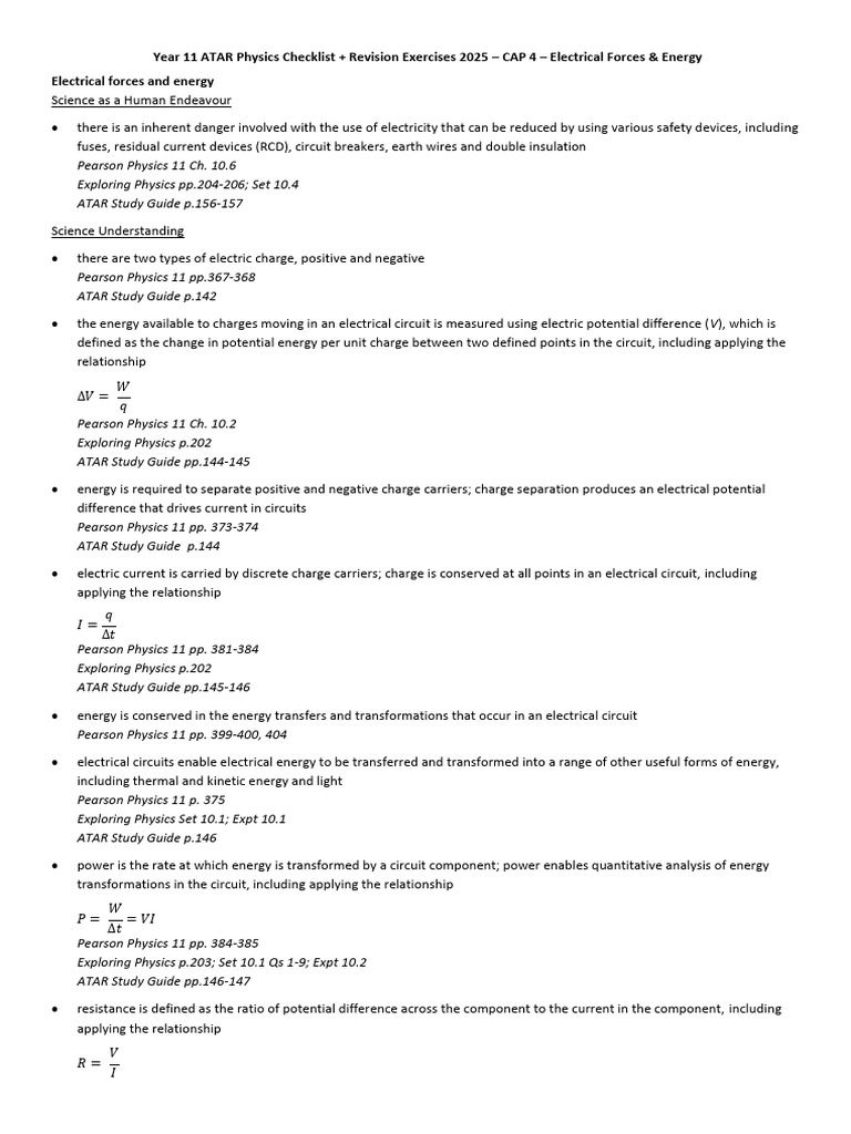 Year 11 ATAR Physics Checklist CAP 4 Electrical Force & Energy | PDF ...