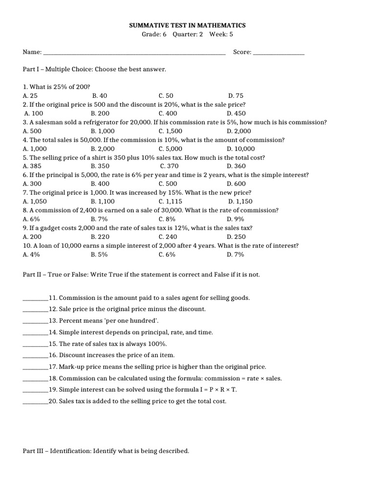 6th Grade Math Summative Test | PDF | Discounting | Interest
