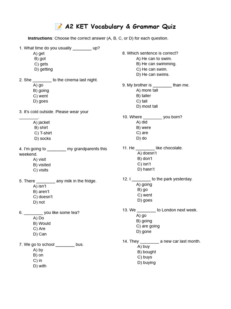 A2 KET Vocabulary & Grammar Quiz | PDF | Chess Openings | Chess Theory