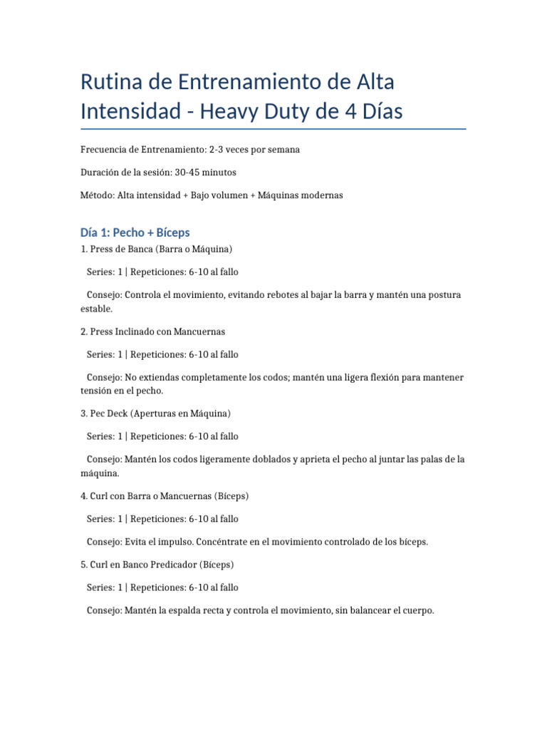 Rutina Heavy Duty Mike Mentzer 4 Dias | PDF | Entrenamiento con pesas