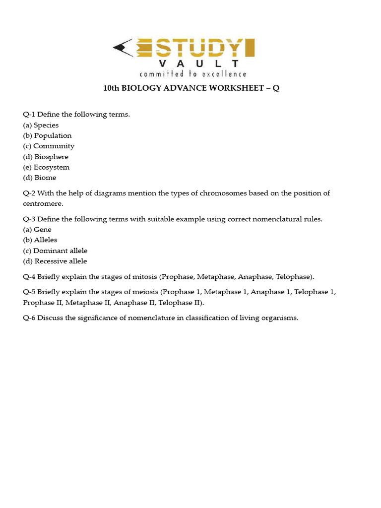 10Th Biology Advance Worksheet - Q | PDF