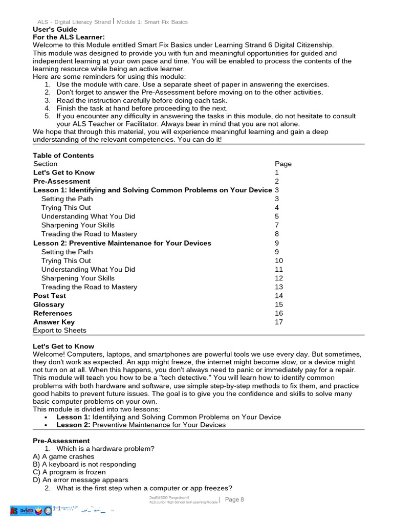 DepEd ALS JHS Module1 Smart Fix Basics FULL PDF | PDF | Computer ...