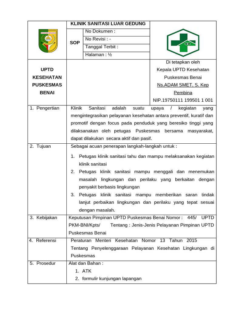 SOP Klinik Sanitasi Puskesmas Benai | PDF