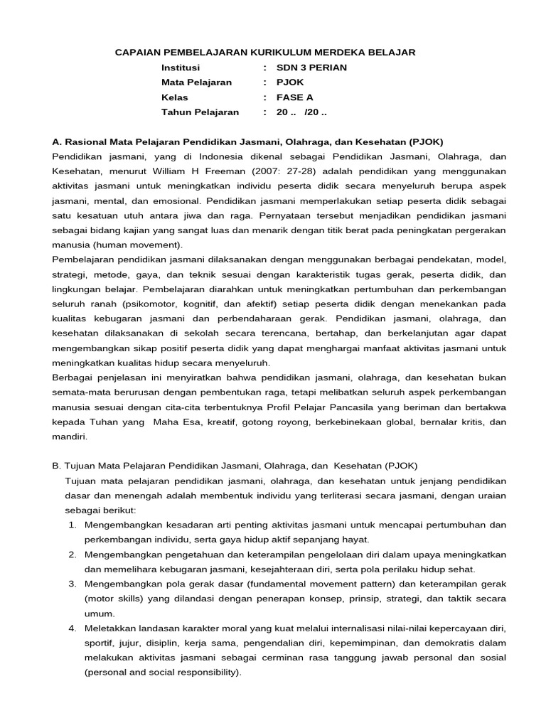 CP PJOK Fase A | PDF