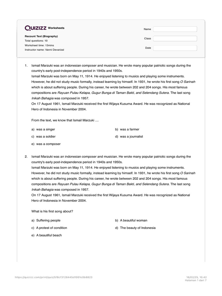 Recount Text (Biography) - Quizizz | PDF