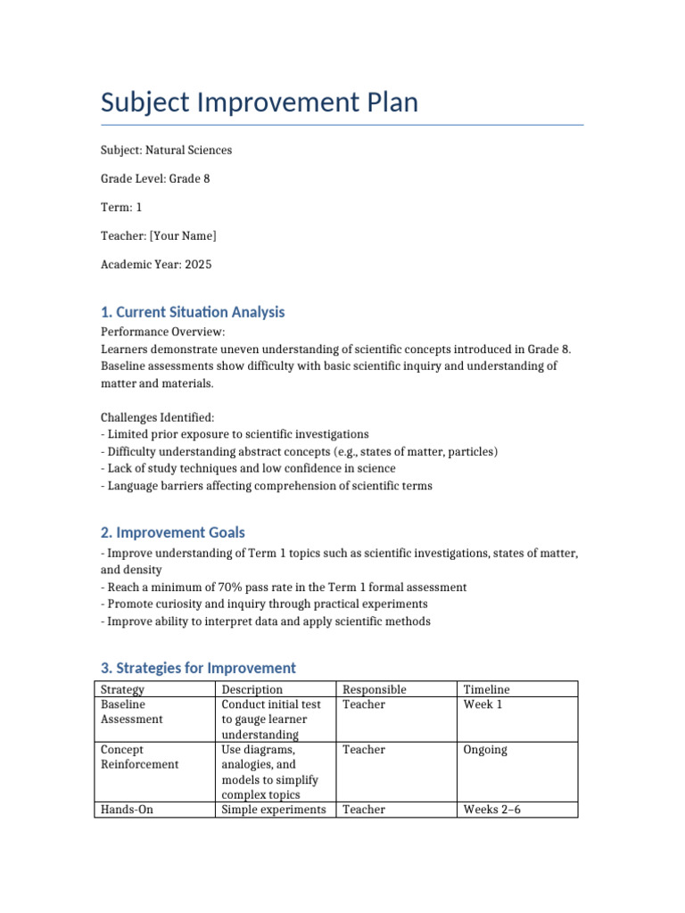 Grade 8 Natural Sciences Improvement Plan Term1 | PDF | Teachers | Science