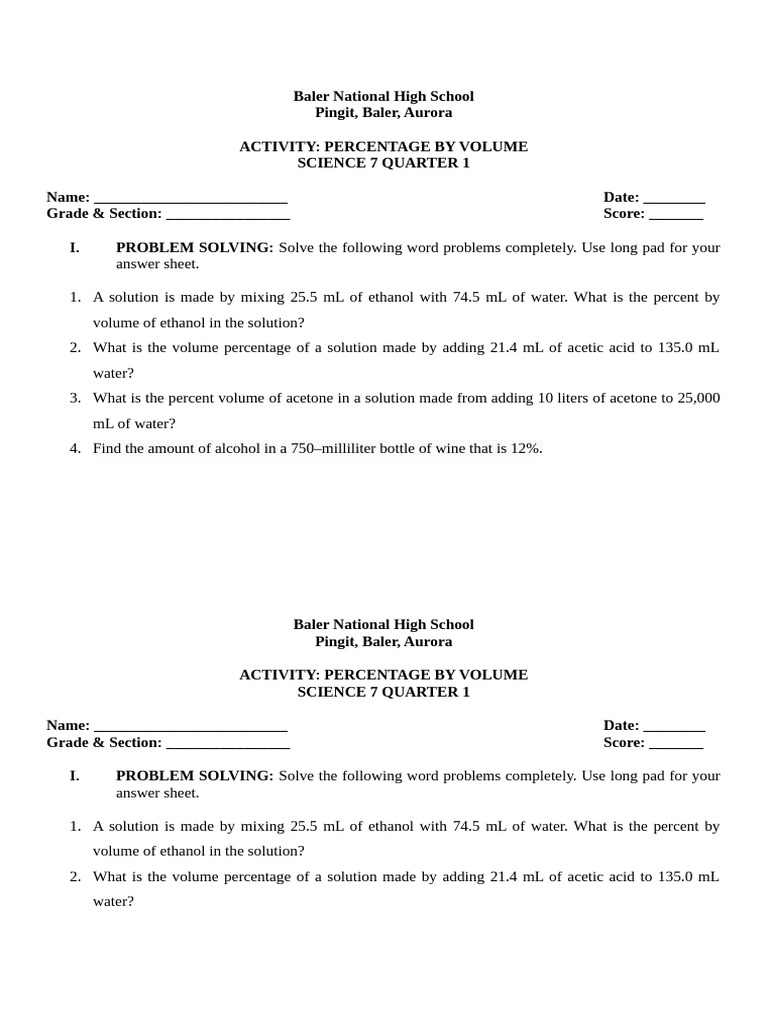 Science 7 Volume Percentage Activity | PDF