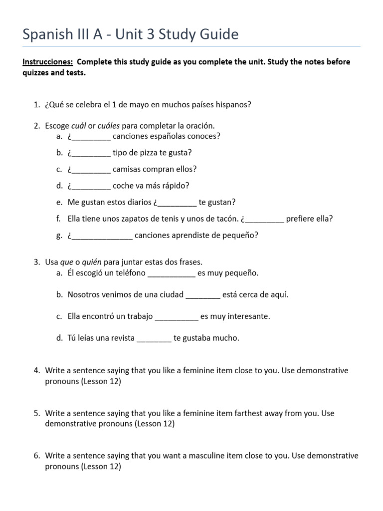 Spanish - 3A - U3 - Study Guide | PDF | Lingüística