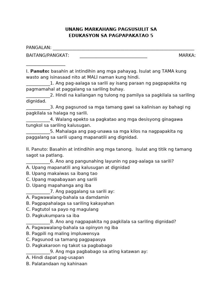 Unang Markahang Pagsusulit Sa | PDF