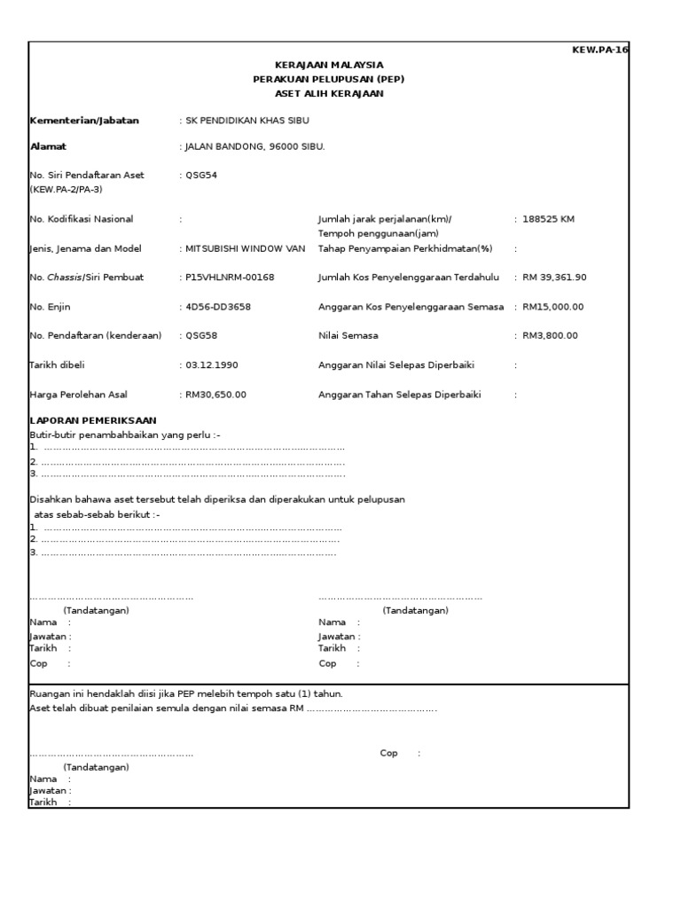 KEW (1) .PA-16 (Perakuan Pelupusan at PEP) | PDF
