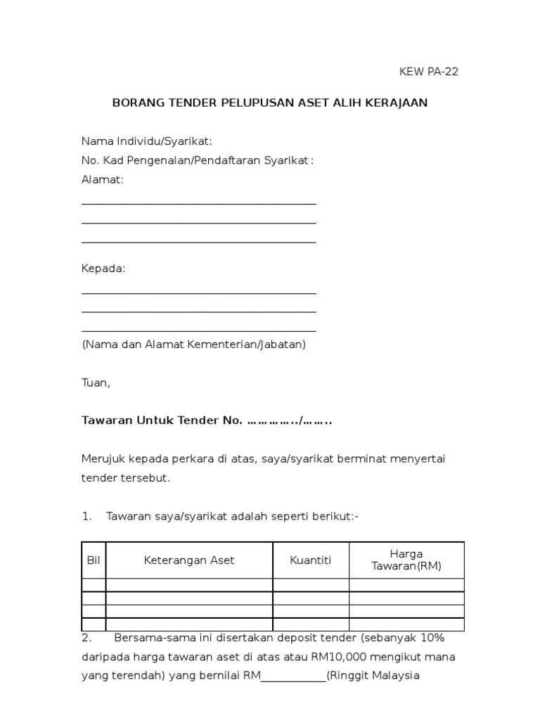 KEW (1) .PA-22 (Borang Tender Pelupusan Aset Alih) | PDF