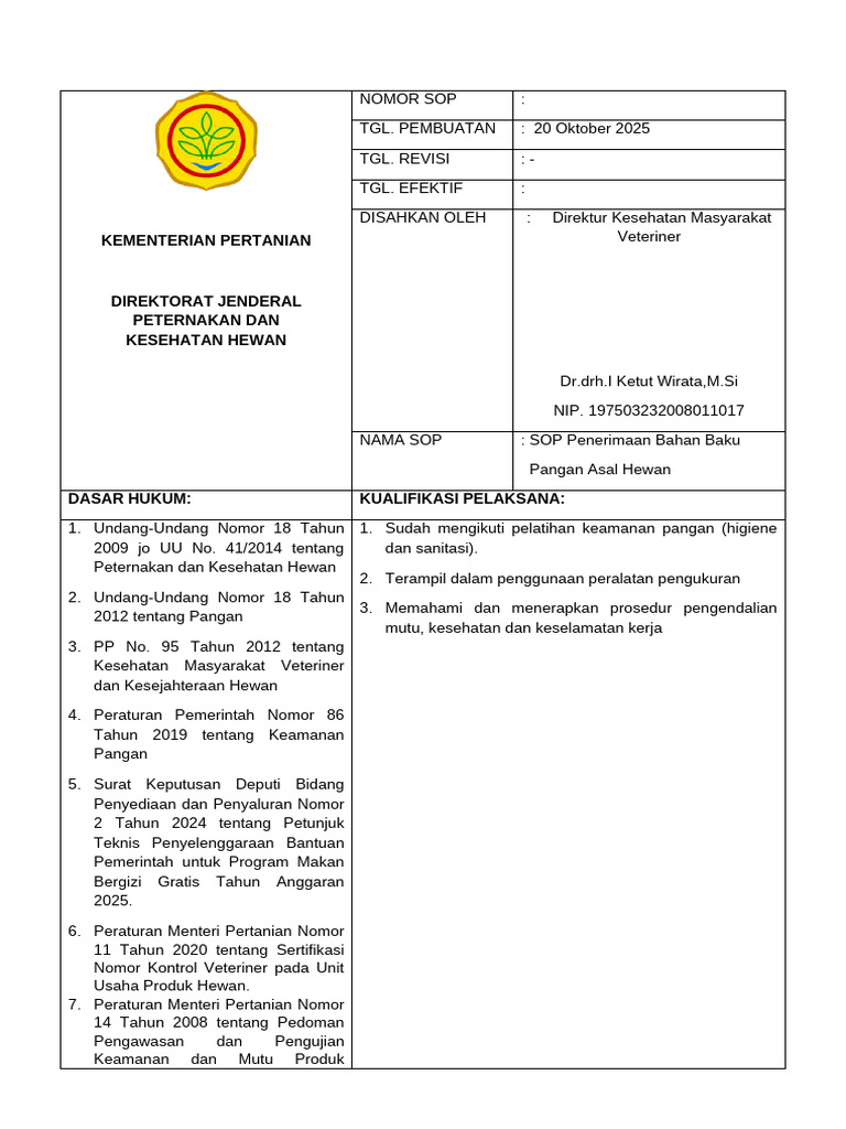SOP Penerimaan Bahan Baku Asal Hewan MBG - Fix | PDF