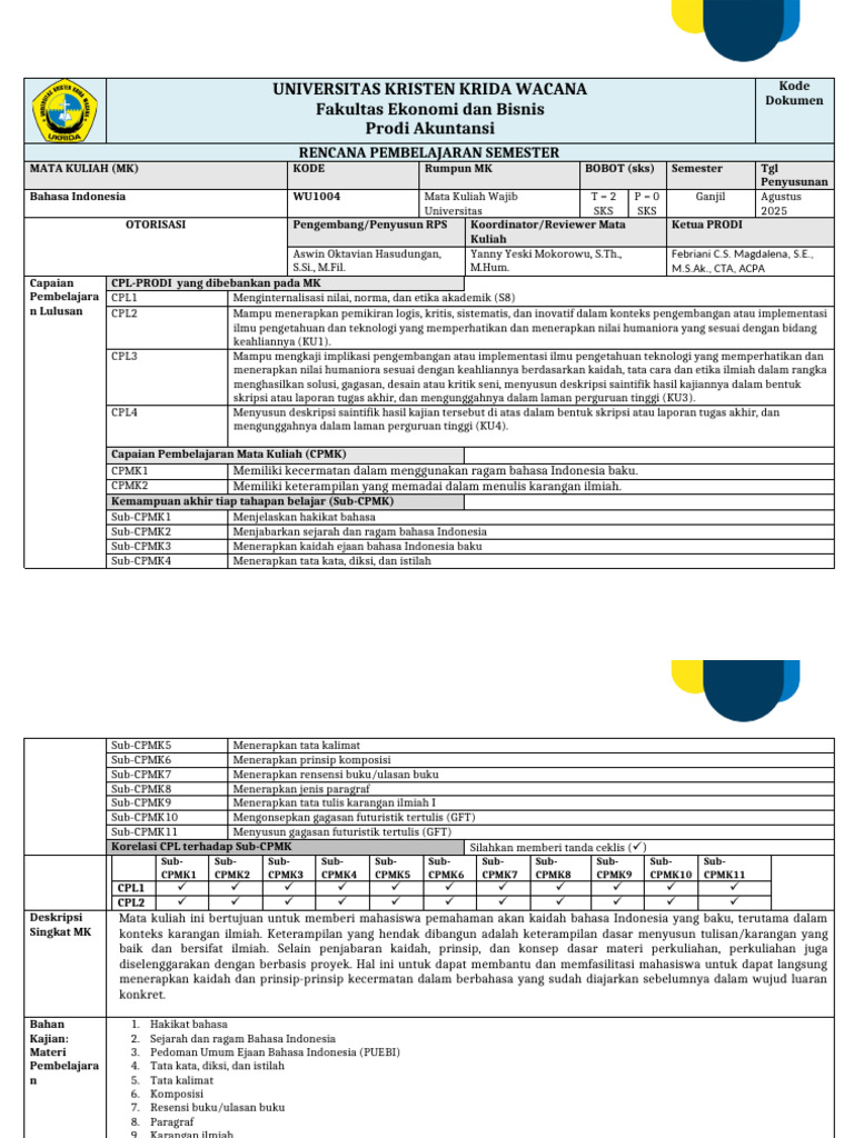 RPS PH1 WU1004 Bahasa Indonesia ProdiAkuntansi (Updated Aug25) | PDF