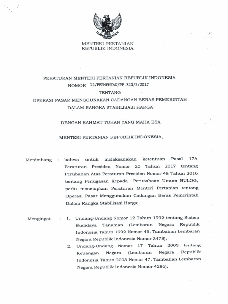 Permentan No 12 TH 2017 TTG Operasi Pasar Dalam Rangka Stabilisasi ...