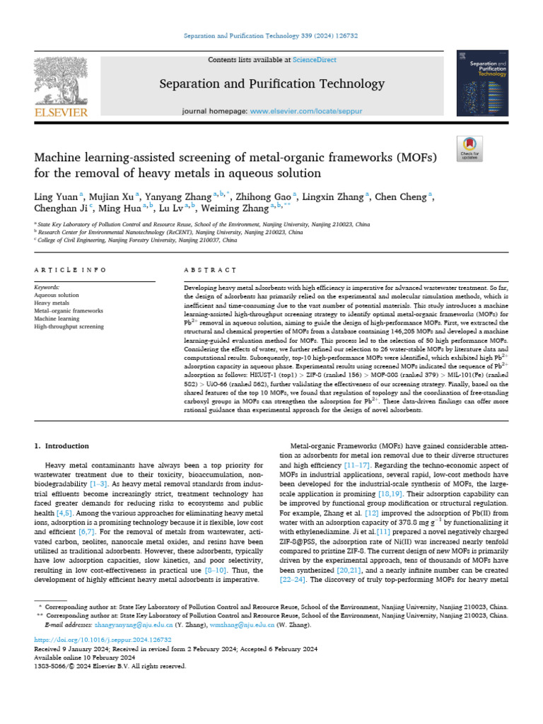 ML Screening of MOFs for Heavy Metal Removal | PDF | Adsorption ...