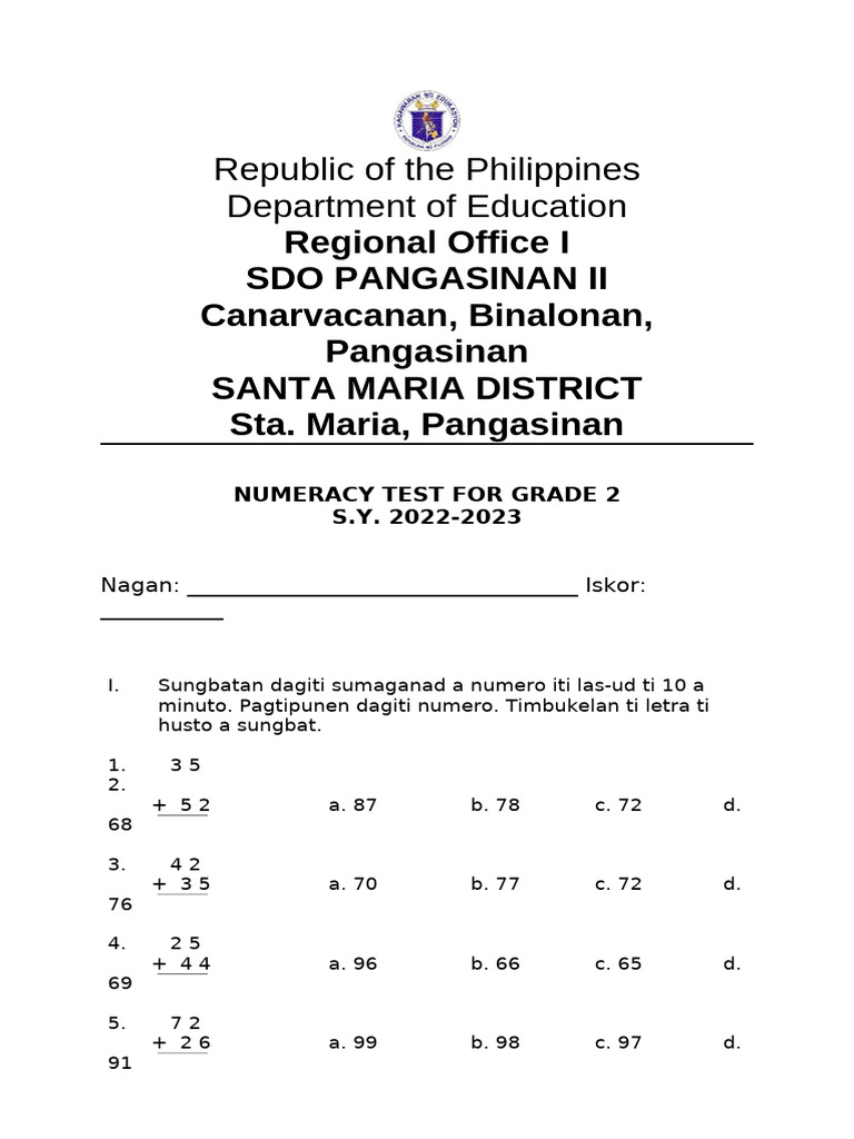 Grade 2 Numeracy Test 2022-2023 | PDF