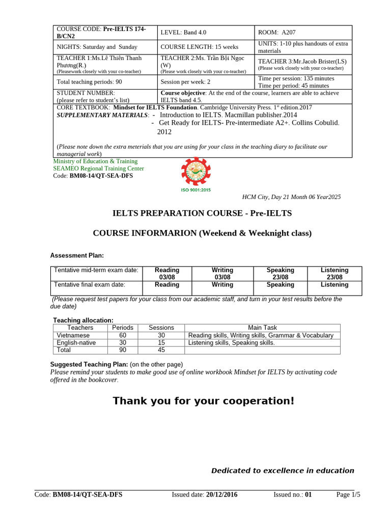 Pre-IELTS Course Details and Schedule | PDF | International English ...